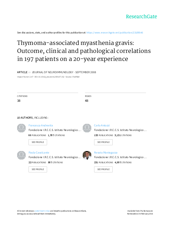 (PDF) Thymoma-associated myasthenia gravis: Outcome, clinical and pathological correlations in ...