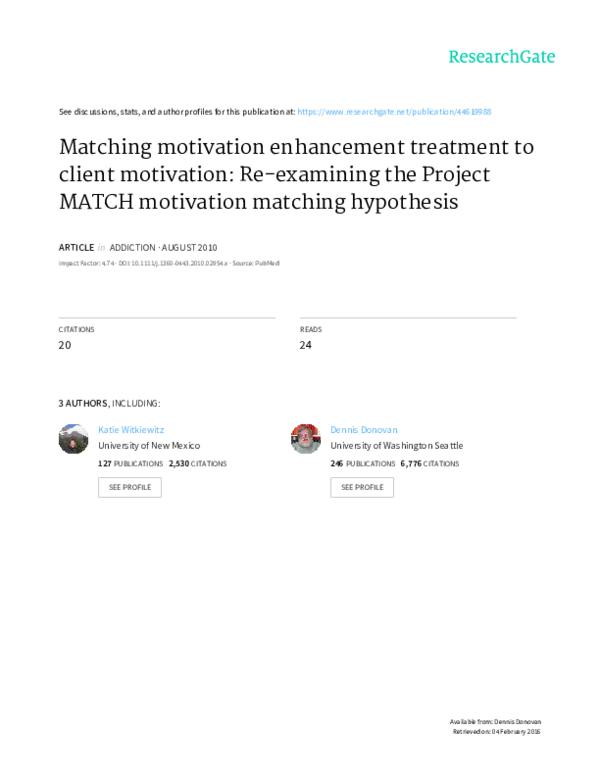 (PDF) Matching motivation enhancement treatment to client motivation ...