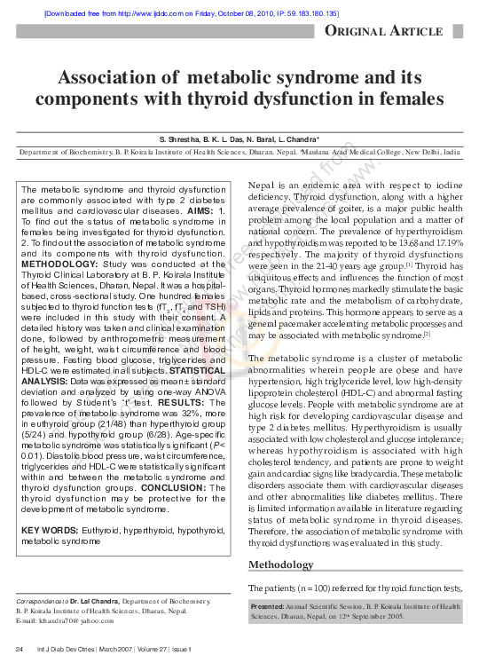 Pdf Thyroid Dysfunction In Metabolic Syndrome Patients And Its