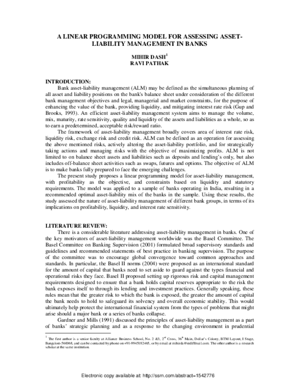 A Linear Programming Model For Assessing Asset Liability Management In