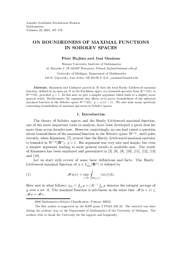 Pdf On Boundedness Of Maximal Functions In Sobolev Spaces Piotr Hajłasz