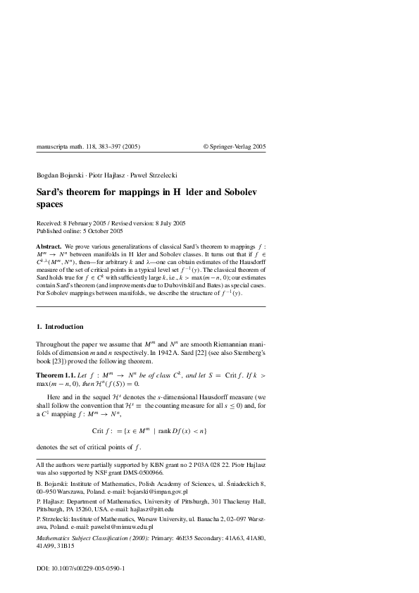 (PDF) Sard's theorem for mappings in Hölder and Sobolev spaces