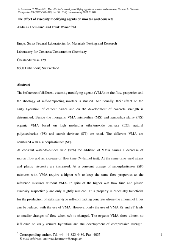 Pdf The Effect Of Viscosity Modifying Agents On Mortar And Concrete