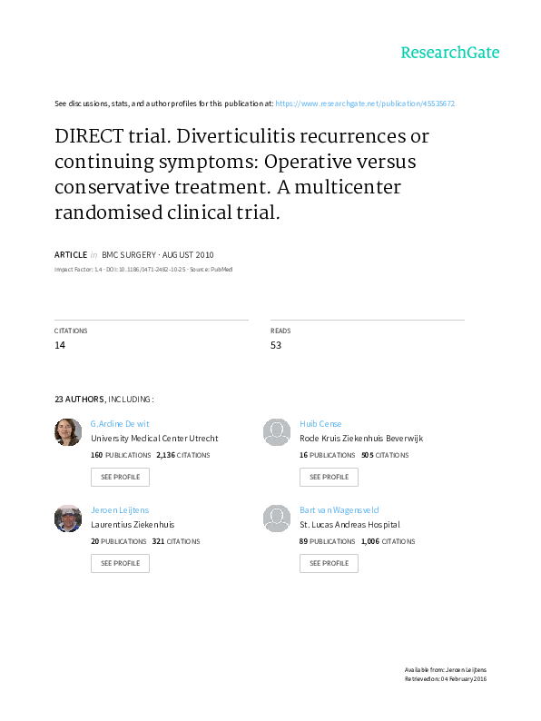 (PDF) DIRECT Trial: Surgery vs. Conservative Care for Diverticulitis