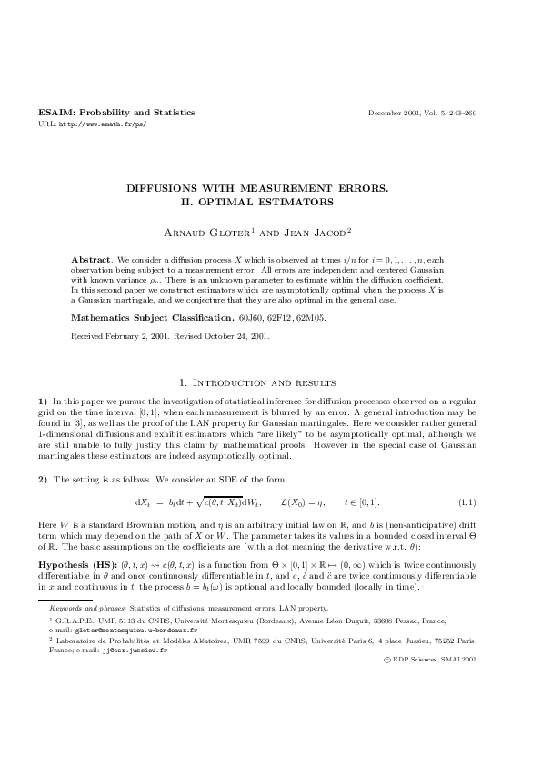 (PDF) Diffusions with measurement errors. II. Optimal estimators