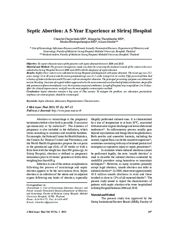 (PDF) Septic abortion: a 5-year experience at Siriraj Hospital ...