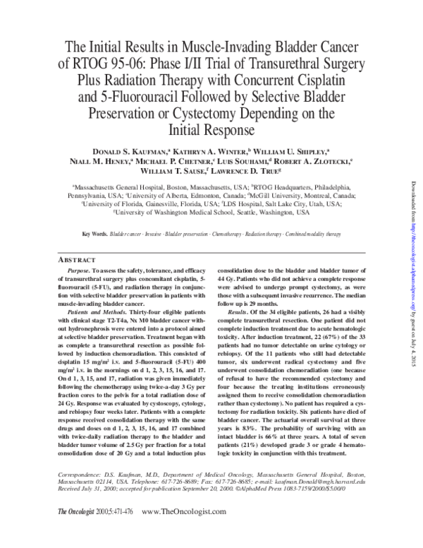 (PDF) The Initial Results in Muscle-Invading Bladder Cancer of RTOG 95 ...