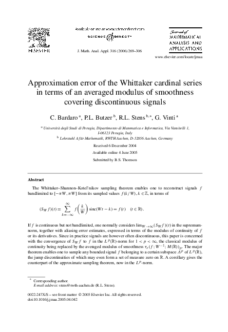 (PDF) Approximation error of the Whittaker cardinal series in terms of an averaged modulus of ...