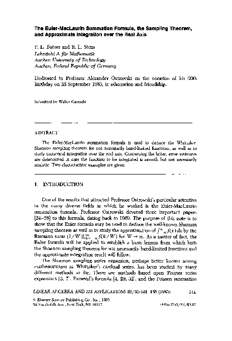 Pdf The Euler Maclaurin Summation Formula The Sampling Theorem And Approximate Integration