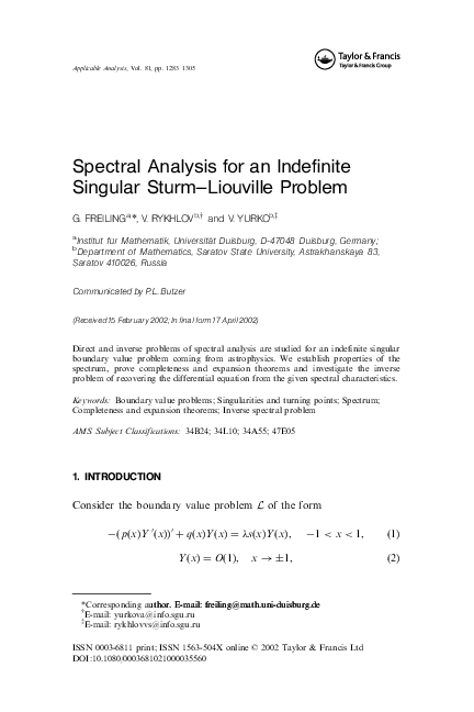 Pdf Spectral Analysis For An Indefinite Singular Sturm Liouville Problem