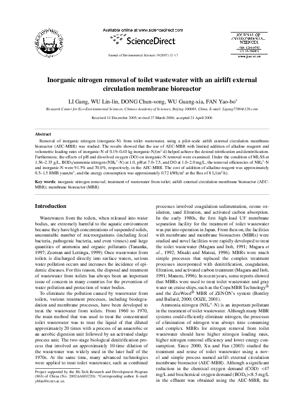 (PDF) Inorganic nitrogen removal of toilet wastewater with an airlift ...