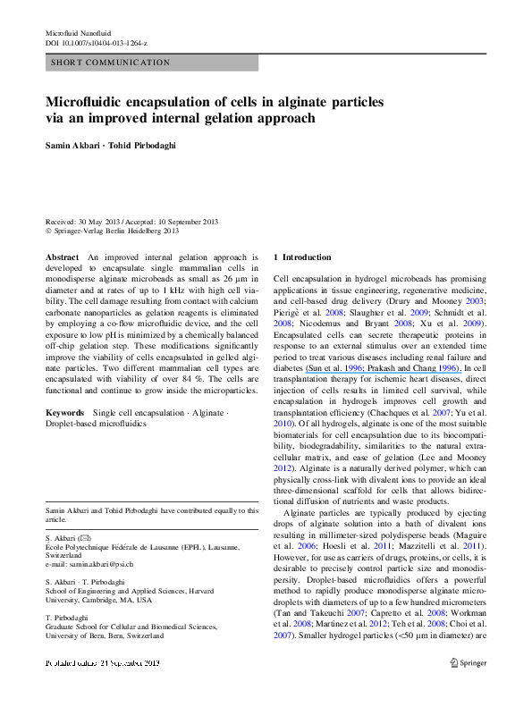 Pdf Microfluidic Encapsulation Of Cells In Alginate Particles Via An Improved Internal