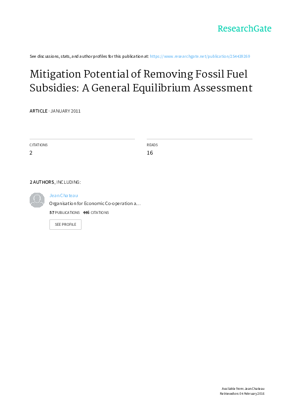 (PDF) Mitigation Potential of Removing Fossil Fuel Subsidies: A General Equilibrium Assessment
