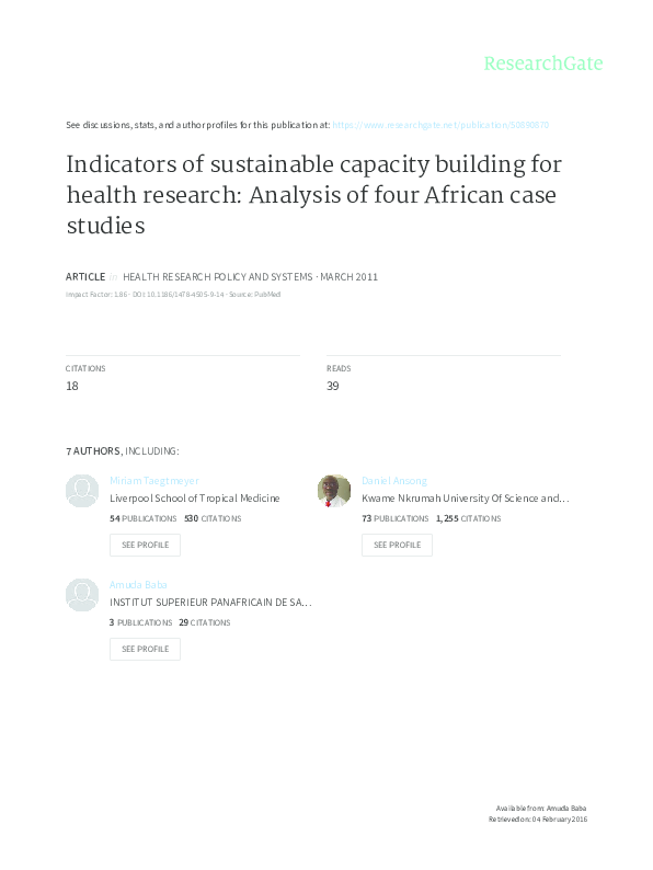 (PDF) Indicators of sustainable capacity building for health research: analysis of four African ...