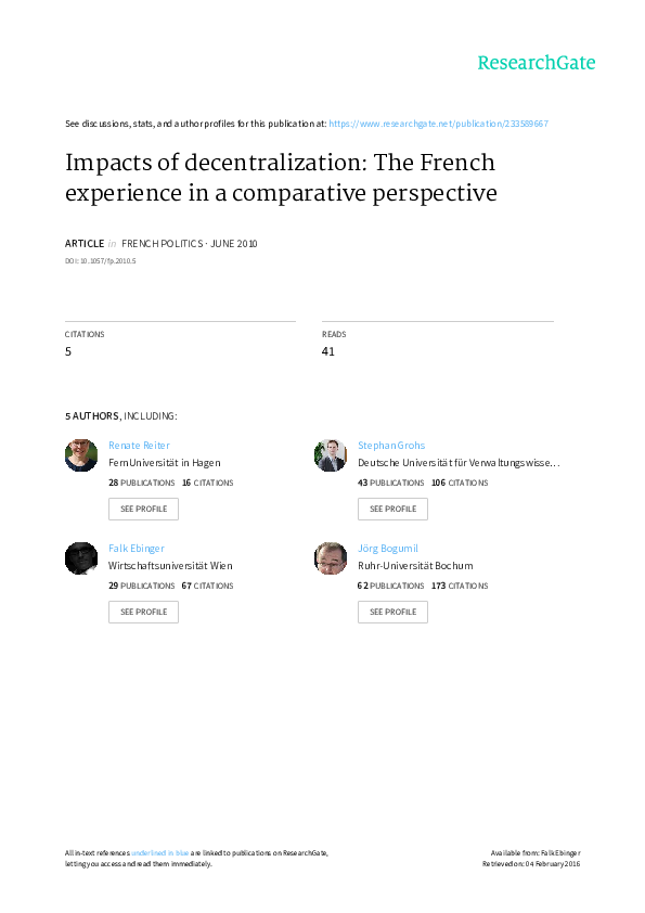 (PDF) Impacts of decentralization: The French experience in a ...