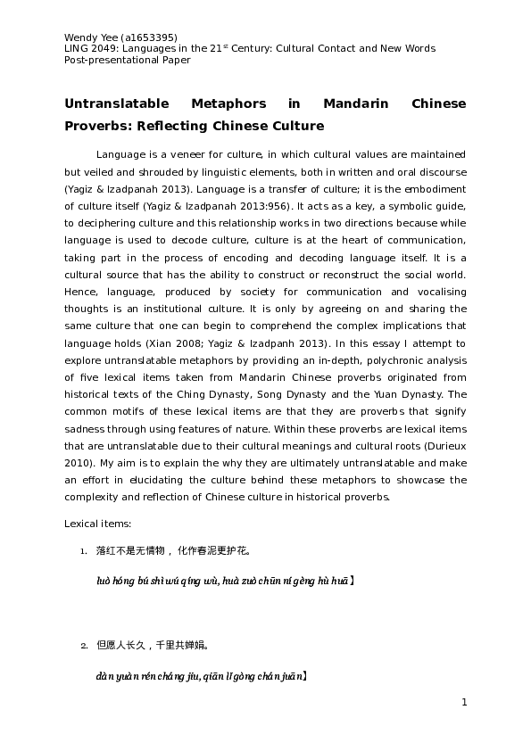 (DOC) Untranslatable Metaphors in Mandarin Chinese Proverbs: Reflecting ...