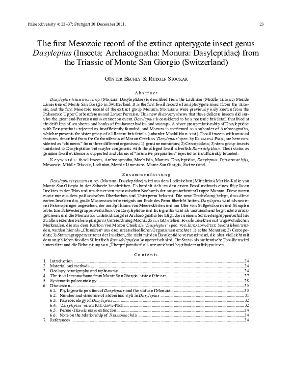 (PDF) The ﬁrst Mesozoic record of the extinct apterygote insect genus ...