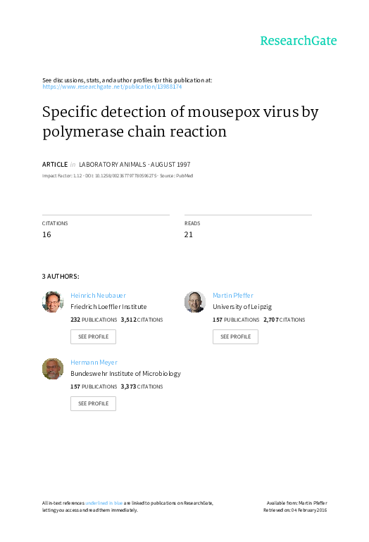(PDF) Specific detection of mousepox virus by polymerase chain reaction