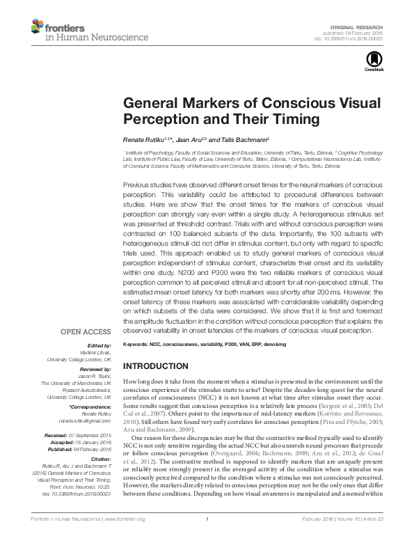 (PDF) General Markers of Conscious Visual Perception and Their Timing