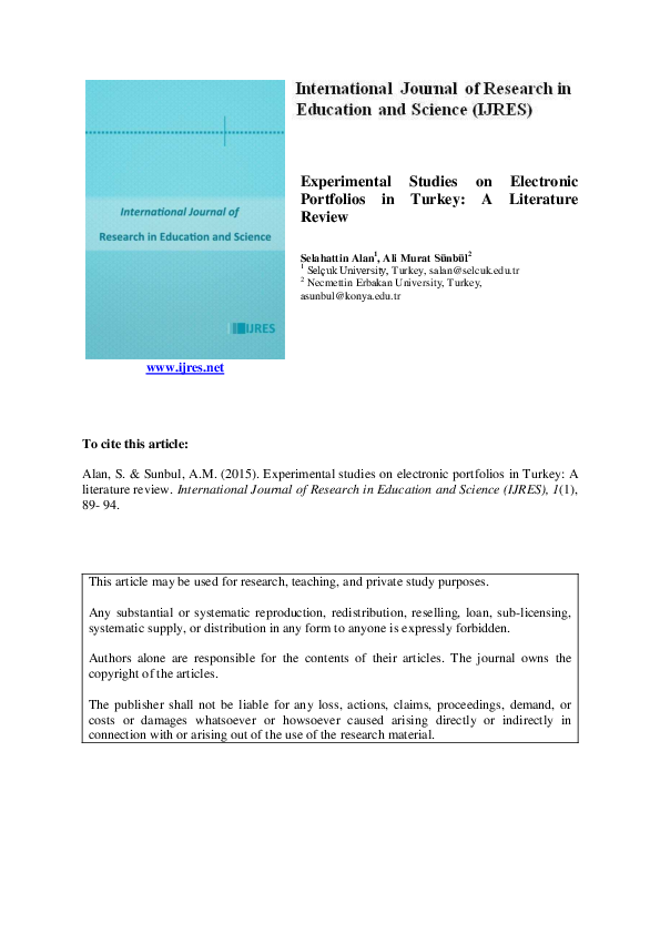 (PDF) Experimental Studies on Electronic Portfolios in Turkey: A ...