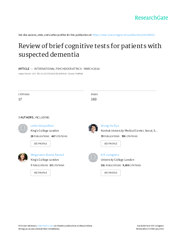 (PDF) Review of brief cognitive tests for patients with suspected dementia