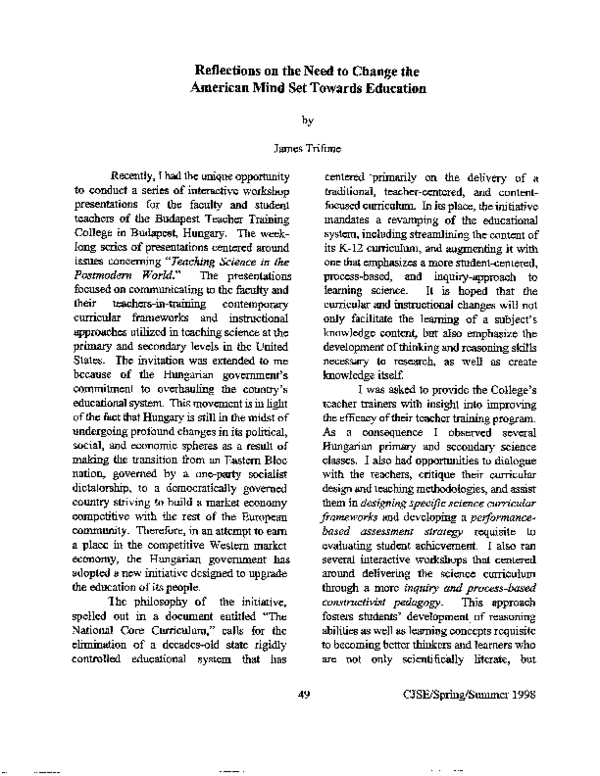 (PDF) Reflection on the Need to Change the American Mindset Towards ...