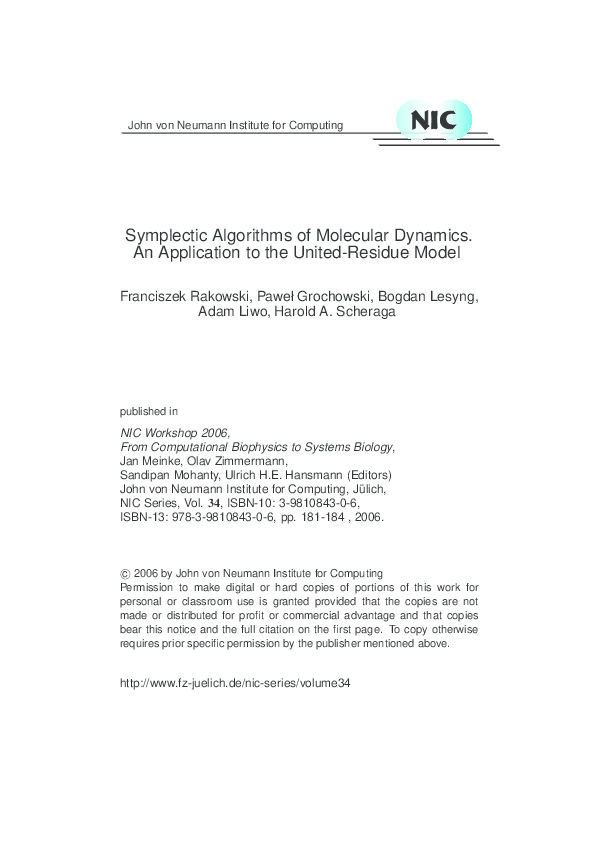 Pdf Symplectic Algorithms Of Molecular Dynamics An Application To