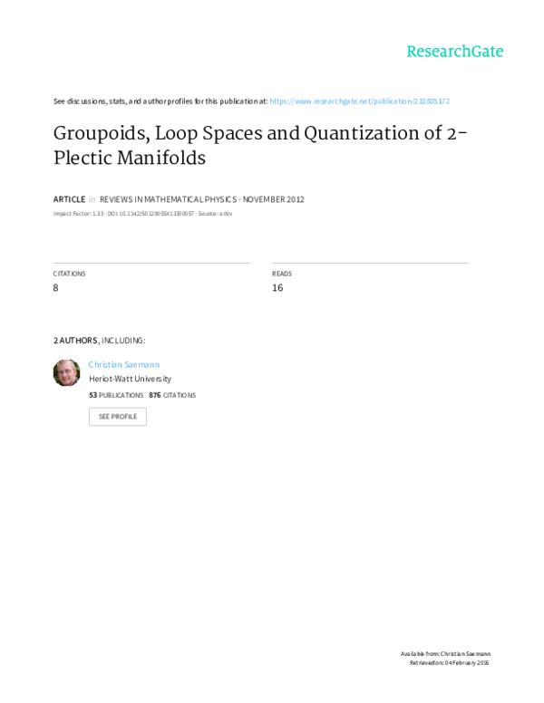 (PDF) GROUPOIDS, LOOP SPACES AND QUANTIZATION OF 2-PLECTIC MANIFOLDS