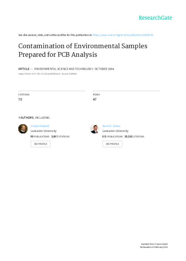 (PDF) Contamination of Environmental Samples Prepared for PCB Analysis