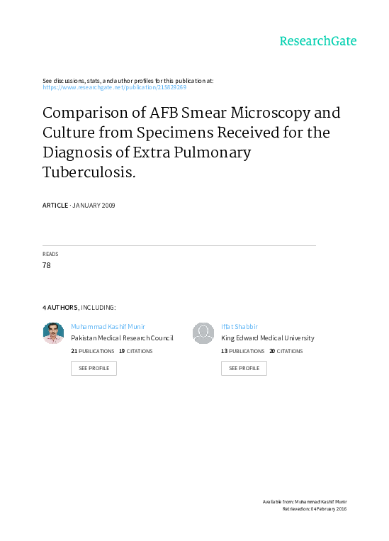 (PDF) Lab Diagnosis of Extra Pulmonary Tuberculosis: Comparison of Histopathology, Cytology ...