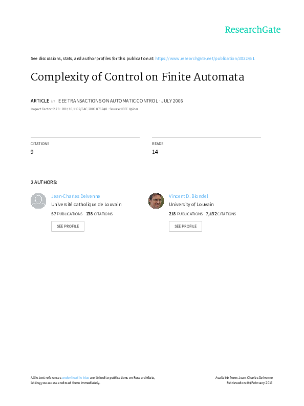 (PDF) Complexity of Control on Finite Automata