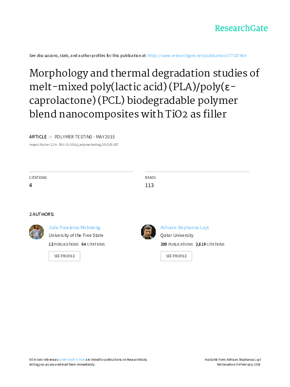 (PDF) Morphology and thermal degradation studies of melt-mixed poly(lactic acid) (PLA)/poly(ε ...
