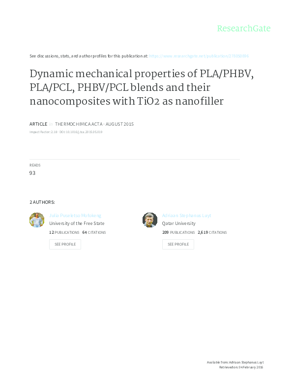 (PDF) Dynamic mechanical properties of PLA/PHBV, PLA/PCL, PHBV/PCL blends and their ...