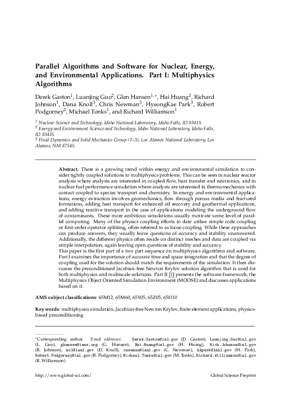 Pdf Parallel Algorithms And Software For Nuclear Energy And Environmental Applications Part