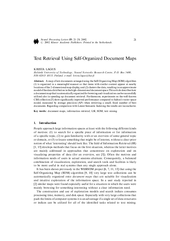 (PDF) Text Retrieval Using Self-Organized Document Maps