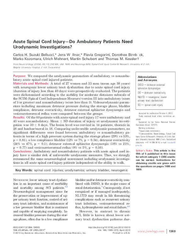 (PDF) Acute Spinal Cord Injury—Do Ambulatory Patients Need Urodynamic Investigations? | Carlos ...