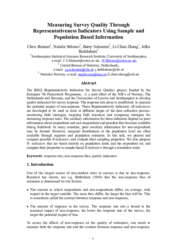 (PDF) Measuring Survey Quality Through Representativeness Indicators ...