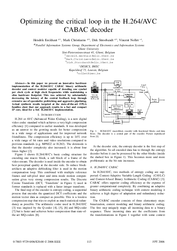 (PDF) Optimizing the critical loop in the H.264/AVC CABAC decoder