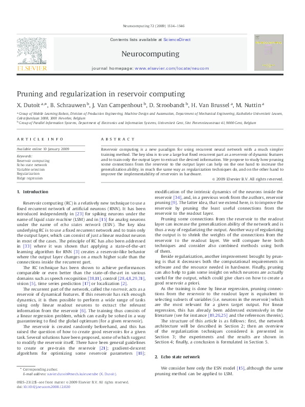 (PDF) Pruning and regularization in reservoir computing