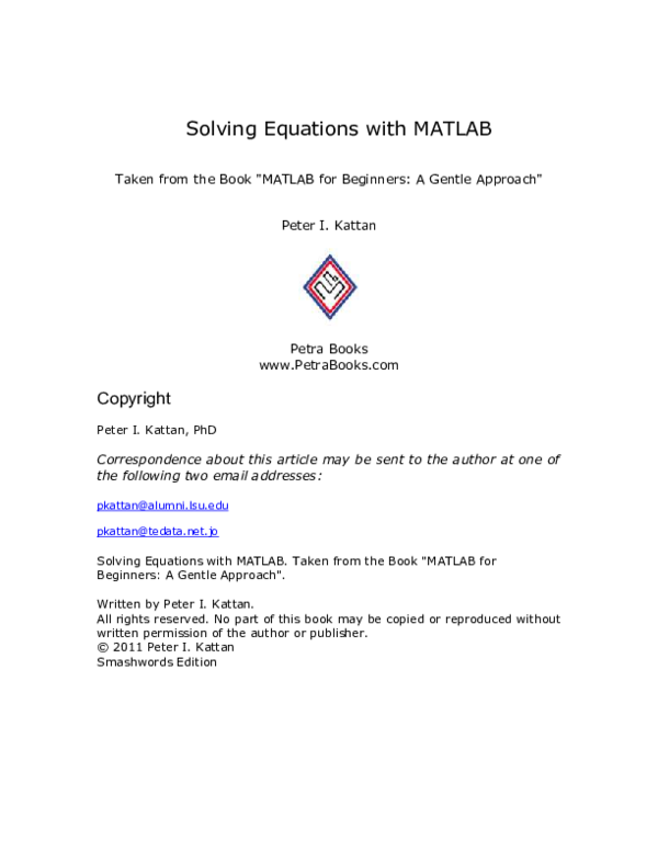Pdf Solving Equations With Matlab Taken From The Book Matlab For Beginners A Gentle Approach