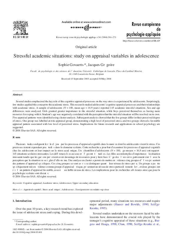 (PDF) Stressful academic situations: study on appraisal variables in ...
