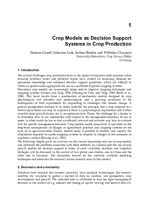 (PDF) Crop Models as Decision Support Systems in Crop Production