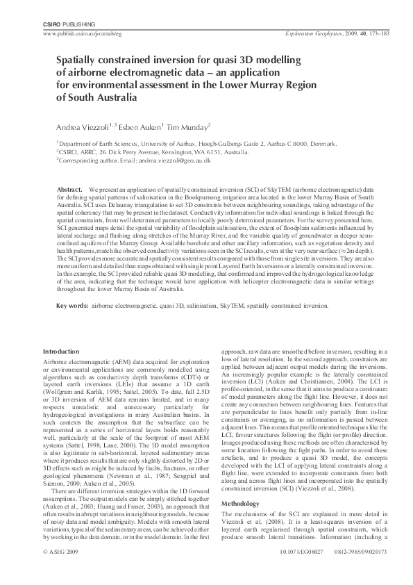 Pdf Spatially Constrained Inversion For Quasi 3 D Modelling Of Aem Data