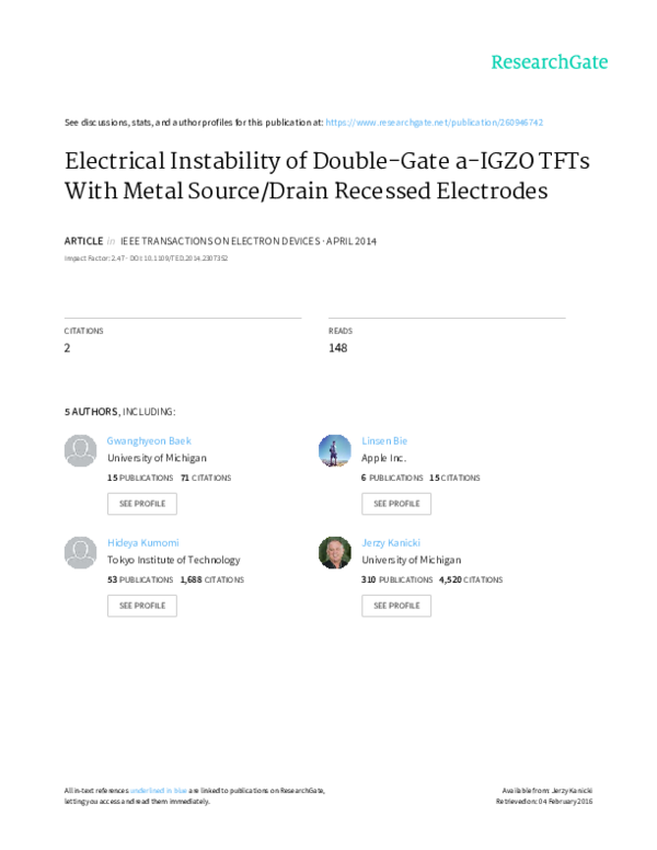 (PDF) Electrical Instability of Double-Gate a-IGZO TFTs With Metal ...