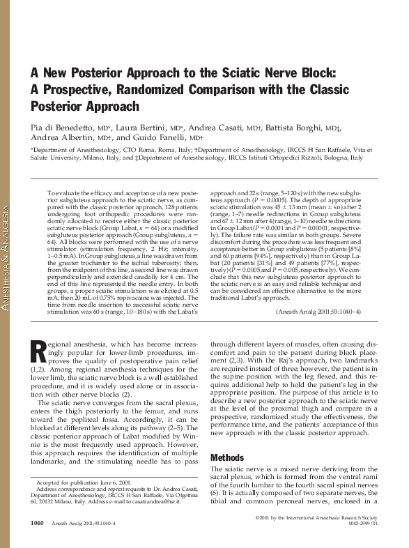 (PDF) A New Posterior Approach to the Sciatic Nerve Block: A ...