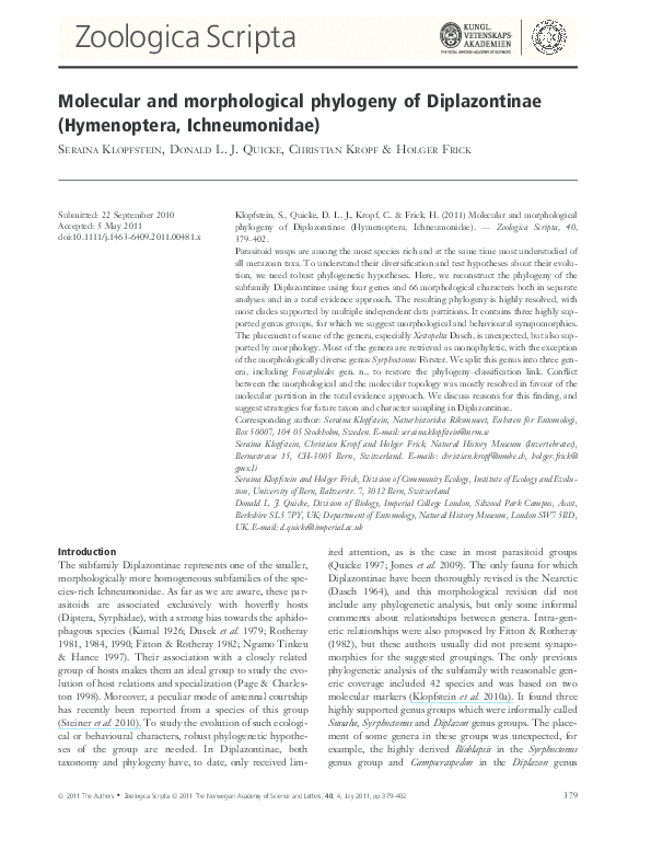 (PDF) Molecular and morphological phylogeny of Diplazontinae ...