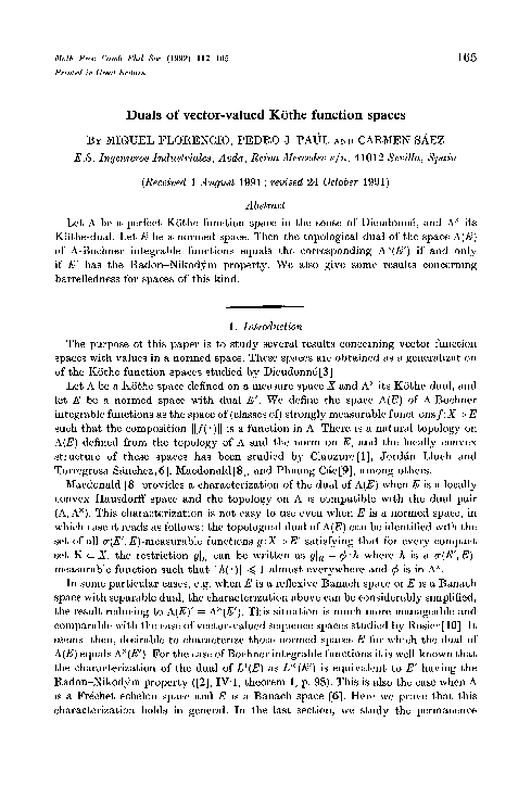 Pdf Duals Of Vector Valued Köthe Function Spaces Miguel Florencio