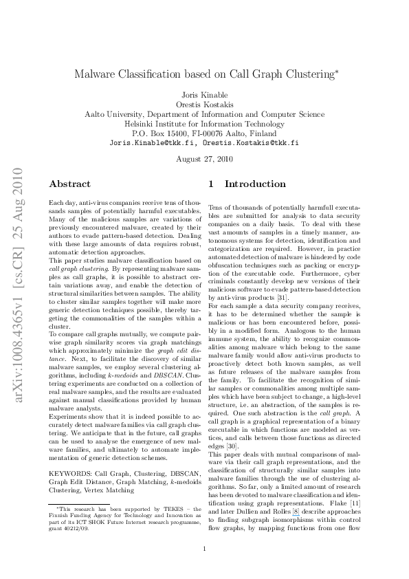 (PDF) Malware classification based on call graph clustering