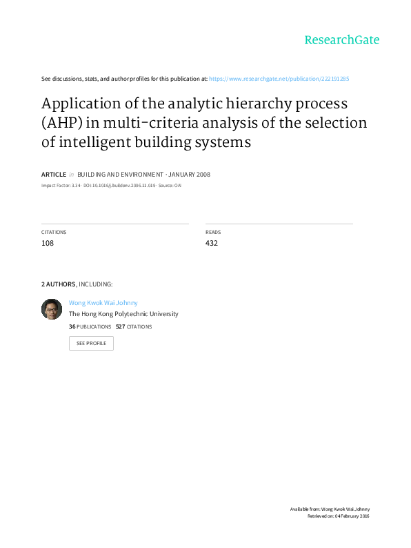 Pdf Application Of The Analytic Hierarchy Process Ahp In Multi Criteria Analysis Of The