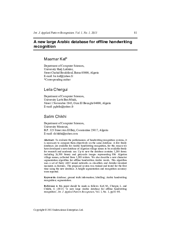 Pdf A New Large Arabic Database For Offline Handwriting Recognition